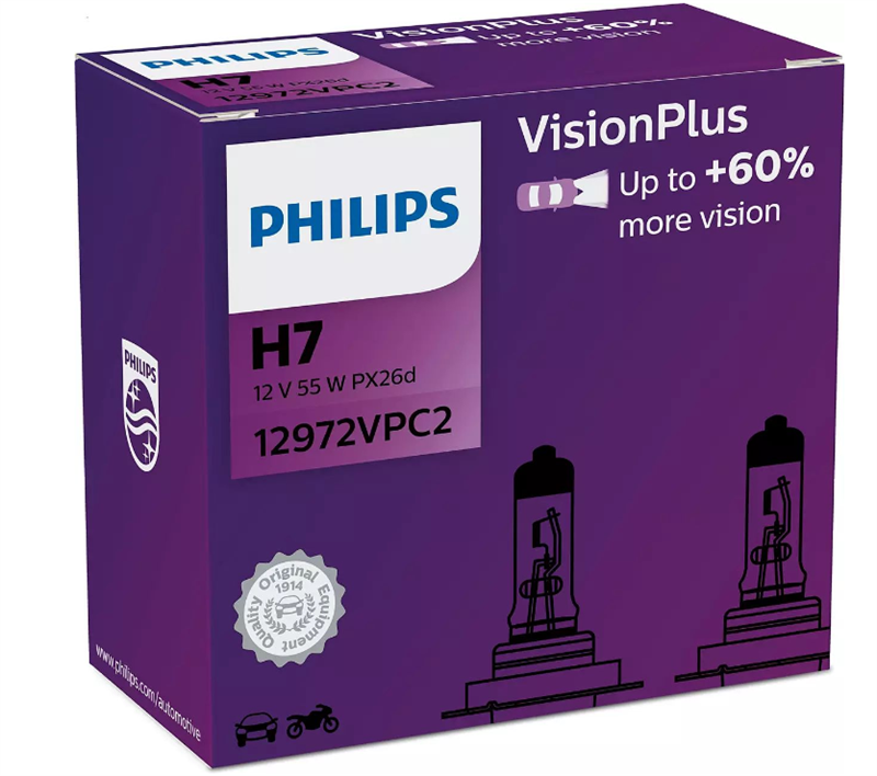 Philips Vision Plus H7 55 Watt autopærer +60% lys